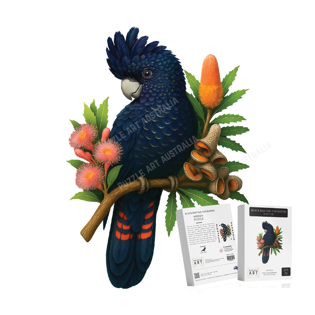 Black Cockatoo Red Tail – Puzzle Art Australia